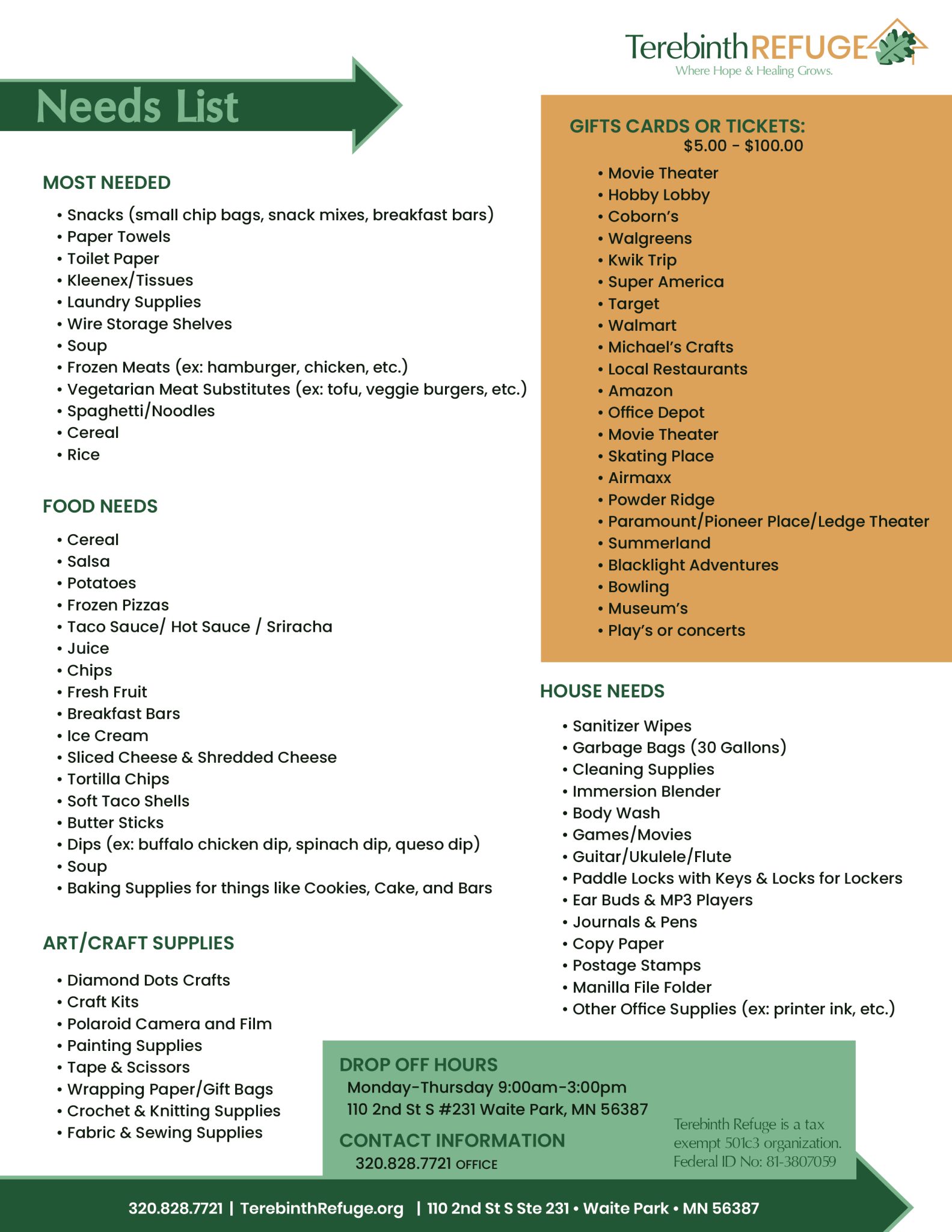 Needs list - Terebinth Refuge